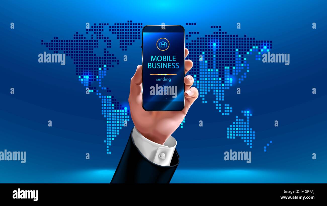 businessman in a business suit holding a cell phone in hand on world ...