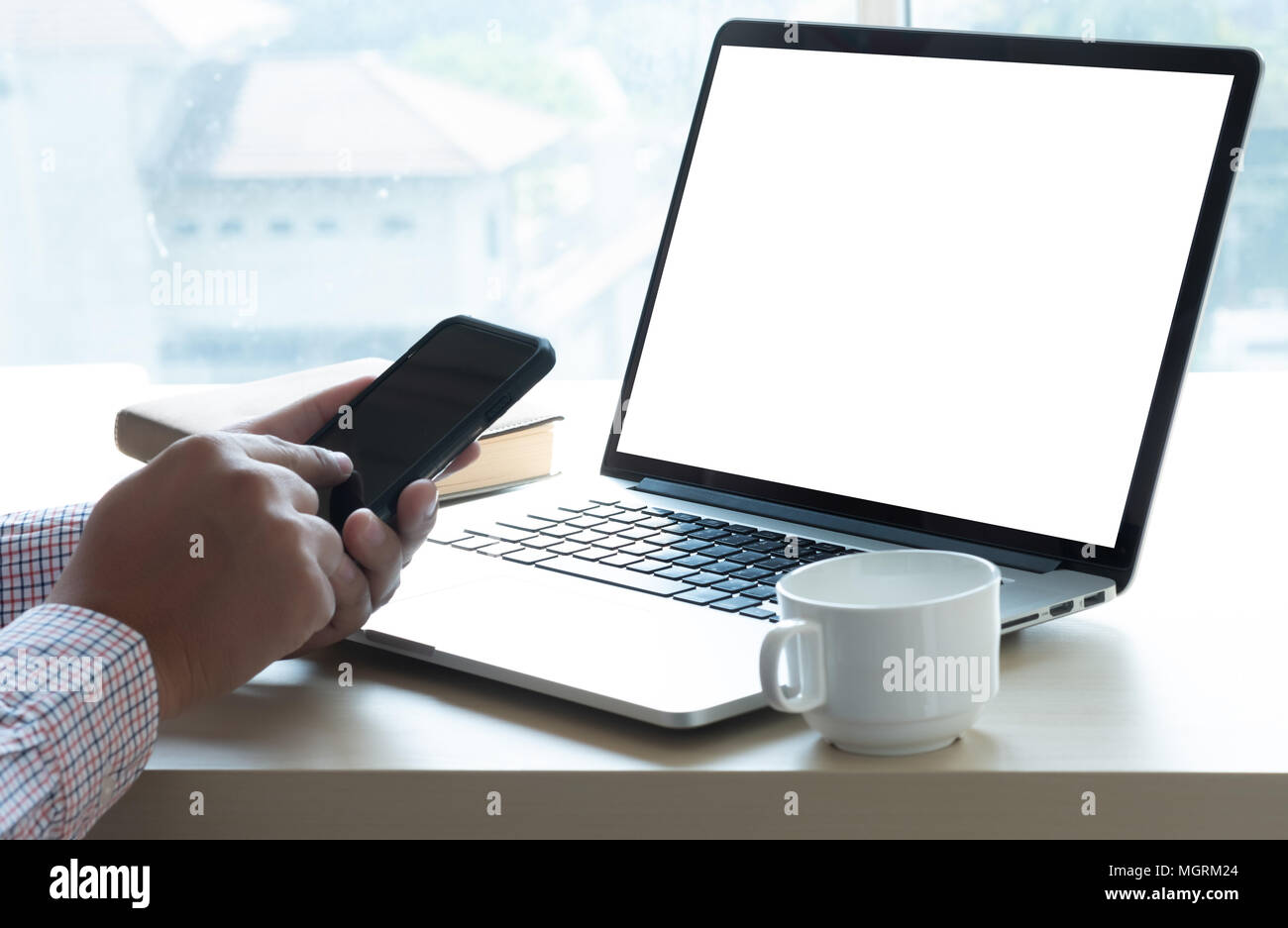 man working computer table hand touching laptop business blank white ...