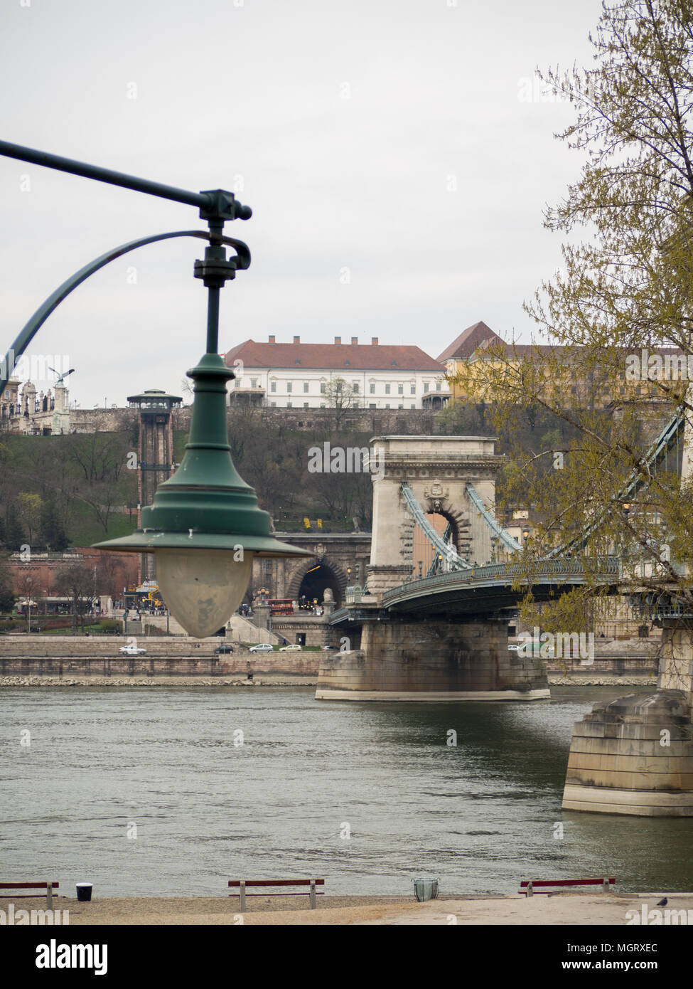 A close view of Szechenyi Chain Bridge over Danube, Budapest, Hungary ...