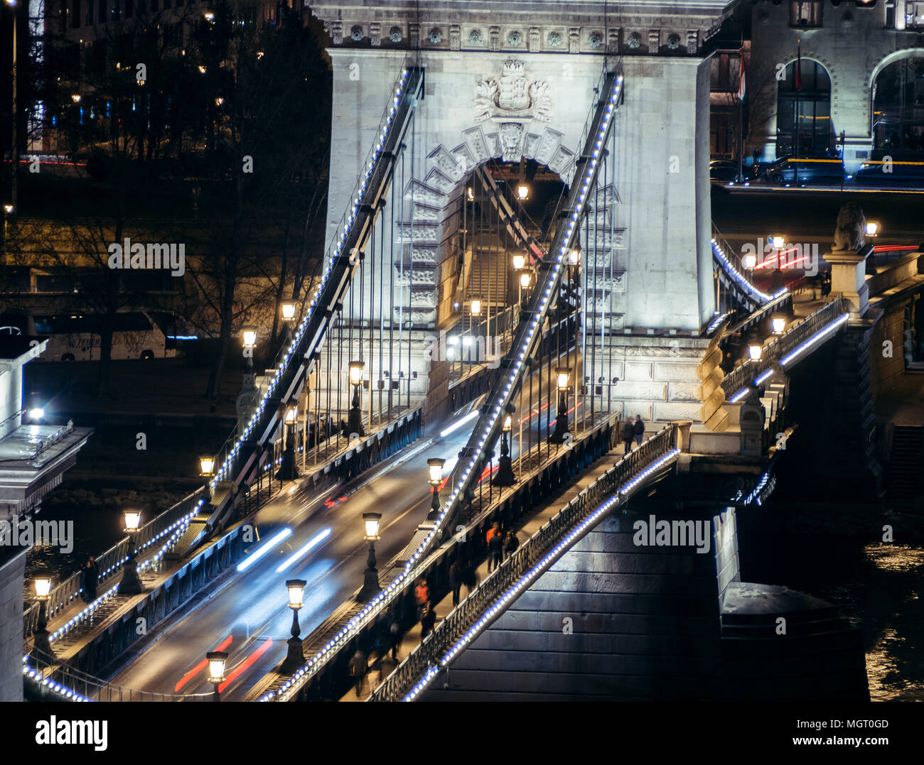 Close-up of Szechenyi Chain Bridge over Danube, Budapest, Hungary at ...