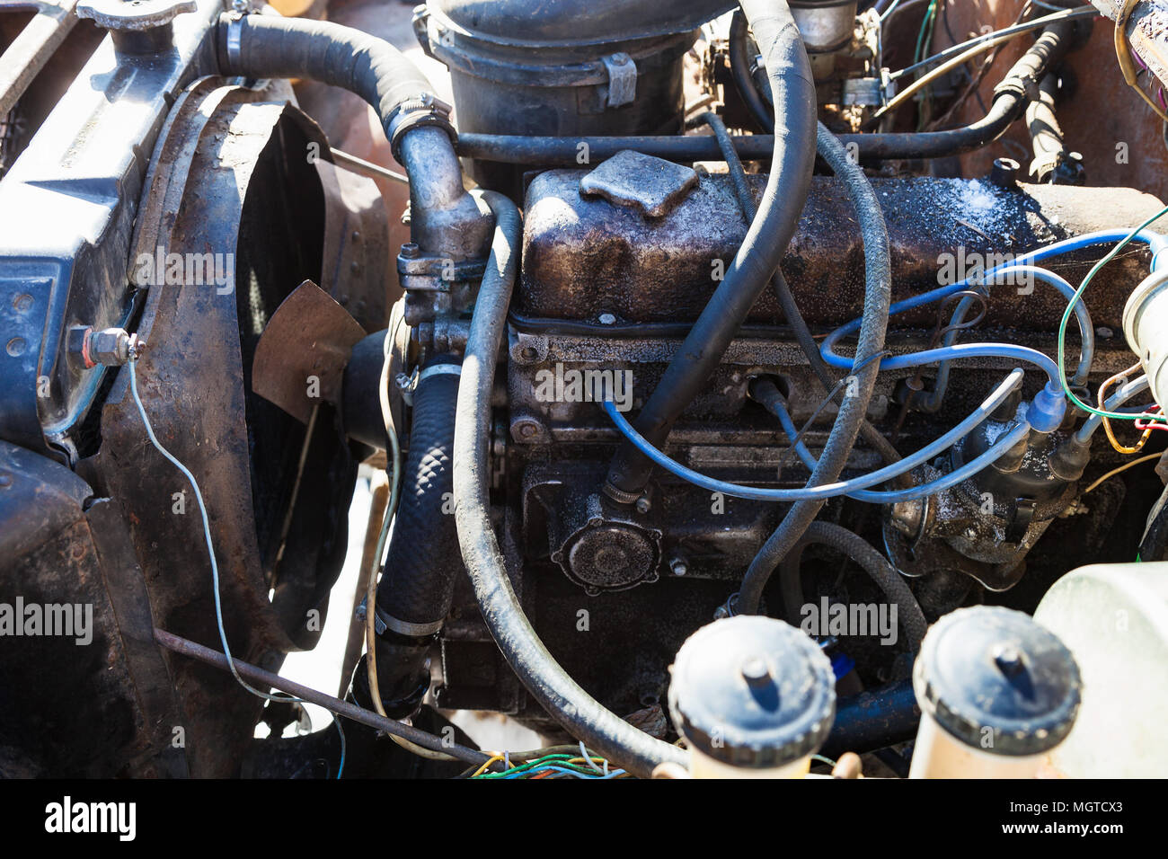 view of used car engine of old vehicle Stock Photo - Alamy