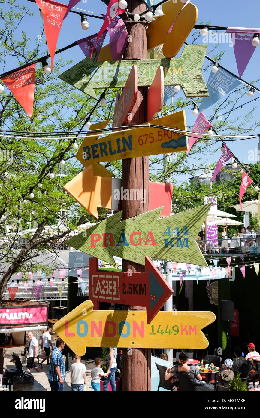 22 April 2018, Hungary, Budapest: Road signs pointing the way to ...
