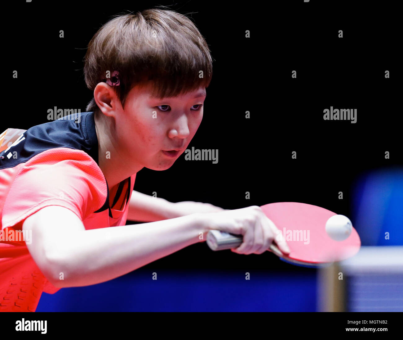Halmstad, Sweden. 29th Apr, 2018. Wang Manyu of China competes against ...