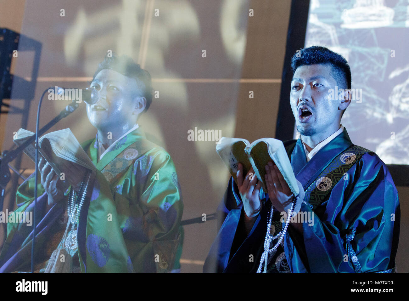 Japanese buddhist monks perform during the Niconico Chokaigi festival ...