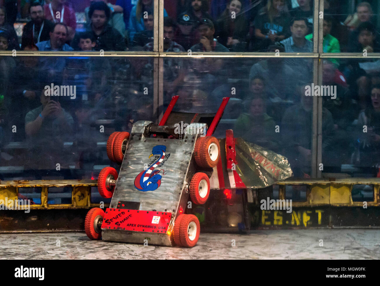 Pleasanton, California, USA. 29th Apr, 2018. Combat robots compete at ...