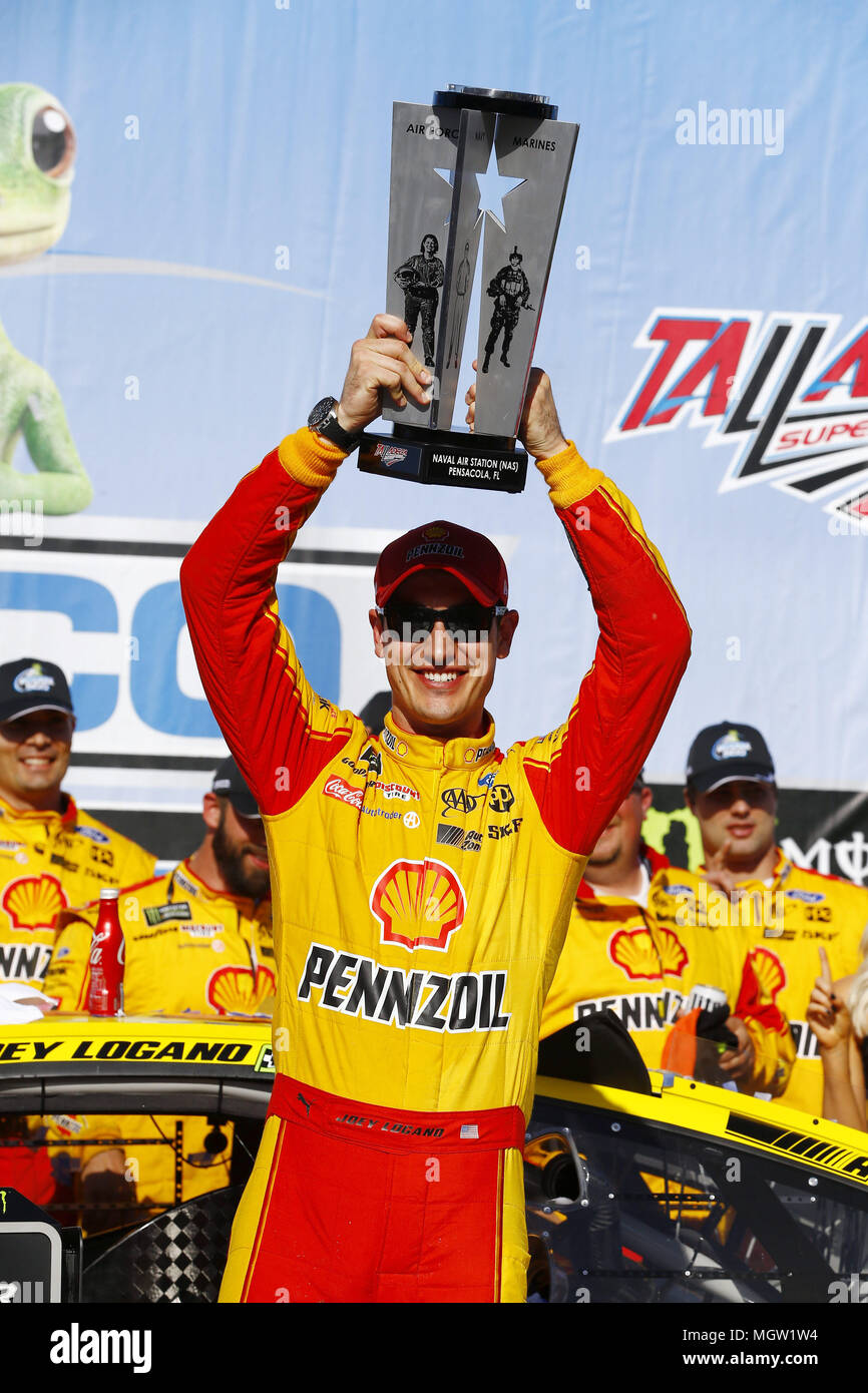 Talladega, Alabama, USA. 29th Apr, 2018. Joey Logano (22) celebrates in ...