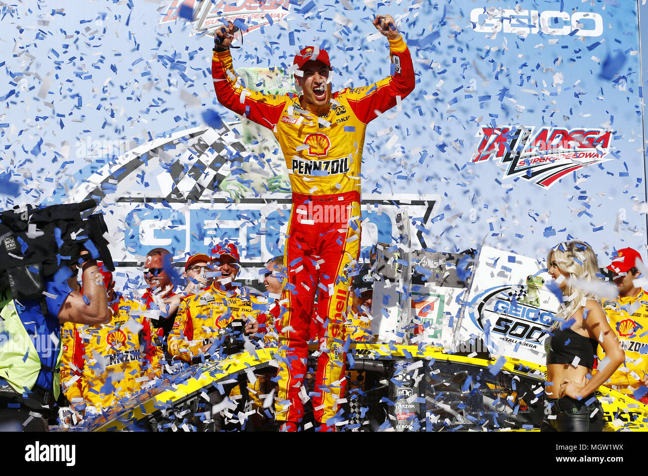 Talladega, Alabama, USA. 29th Apr, 2018. Joey Logano (22) celebrates in ...