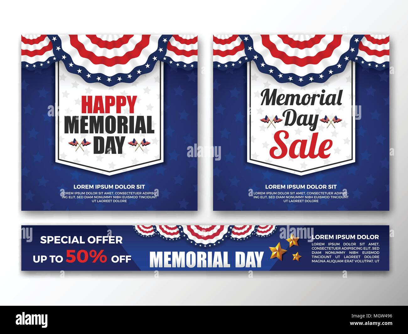 Set of USA Memorial Day Background. USA Flag Banner with Copy Space ...