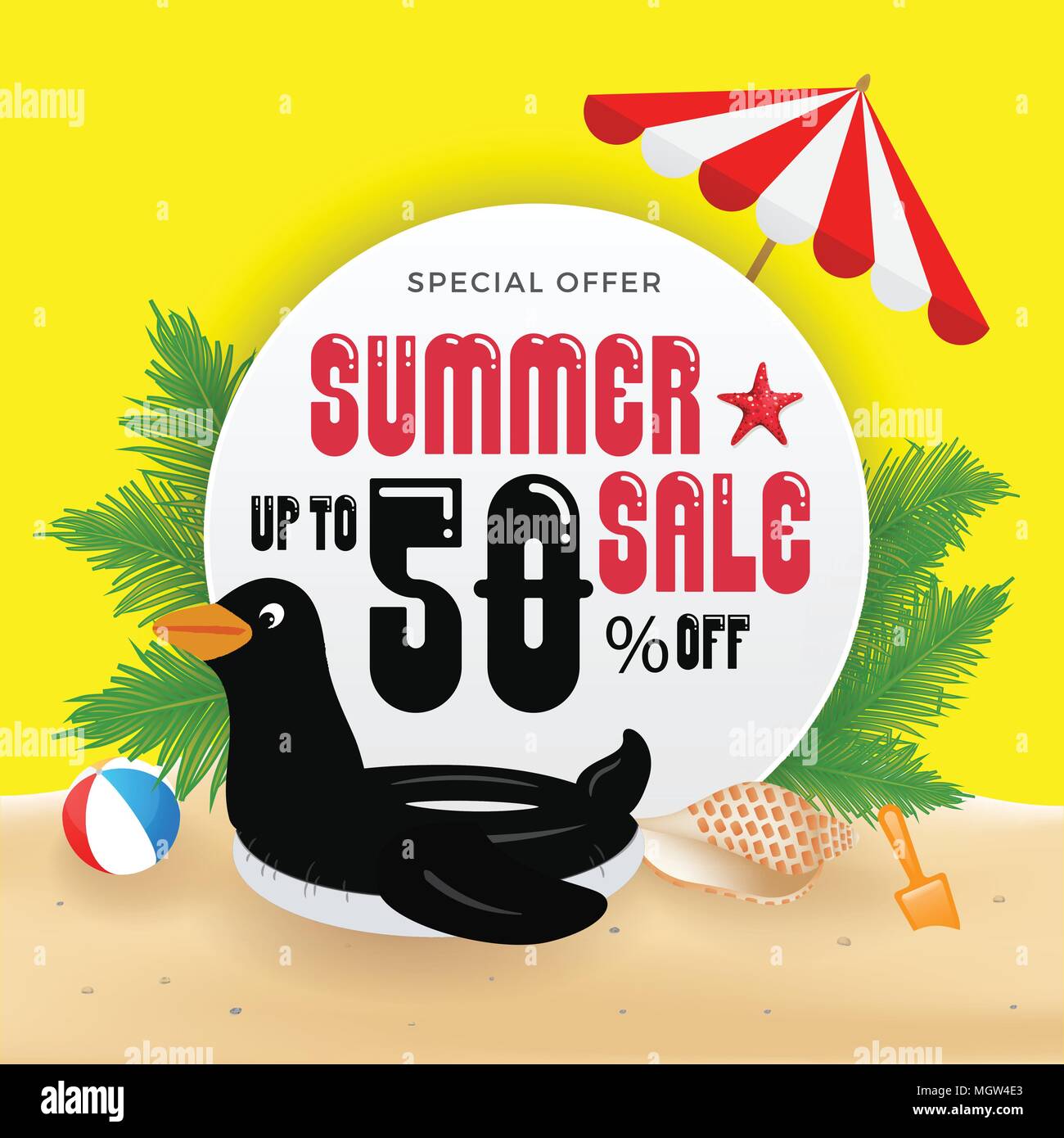 Summer Sell Promotion Banner Background and Objects Design with Penguin ...
