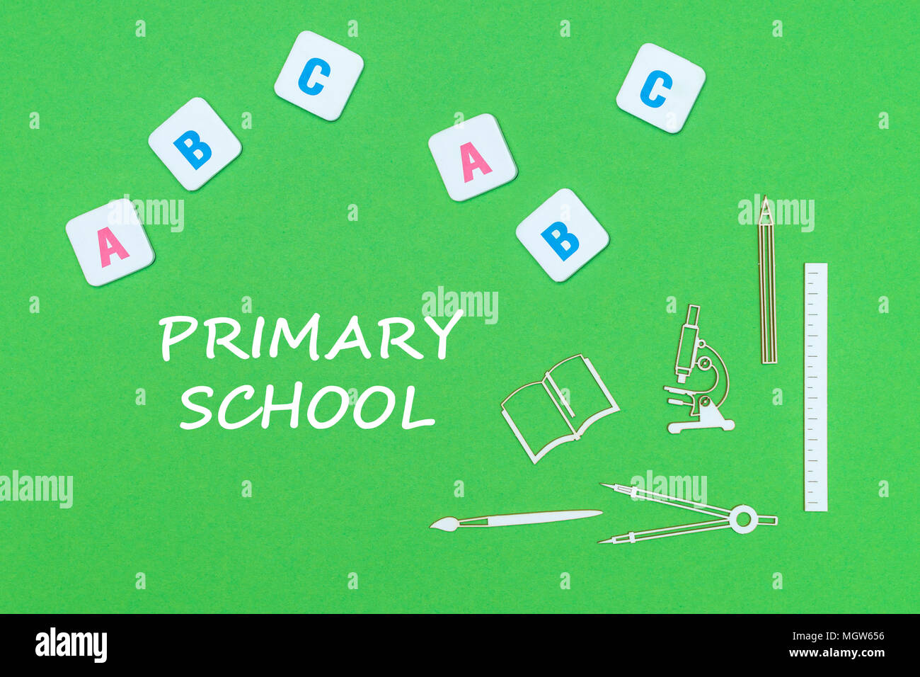 concept school, text primary school, school supplies wooden minitures ...