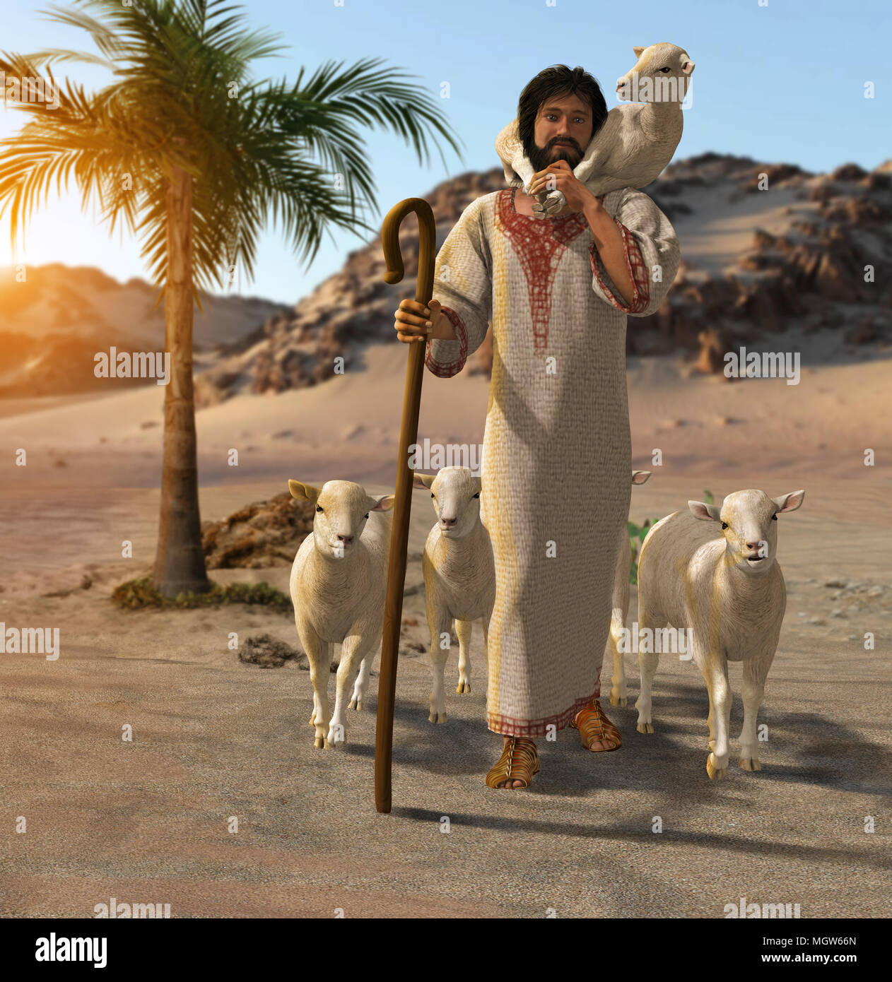 3D render of the good shepherd taking care of his sheep in a desert ...