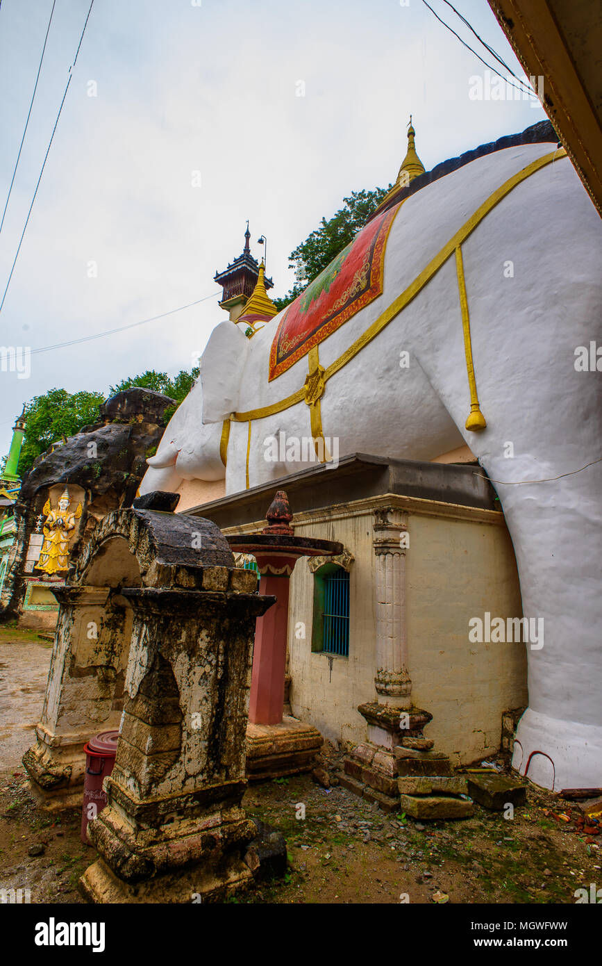 Elephant decoration of a building of the Shwe Ba Taung, a Buddhist site ...