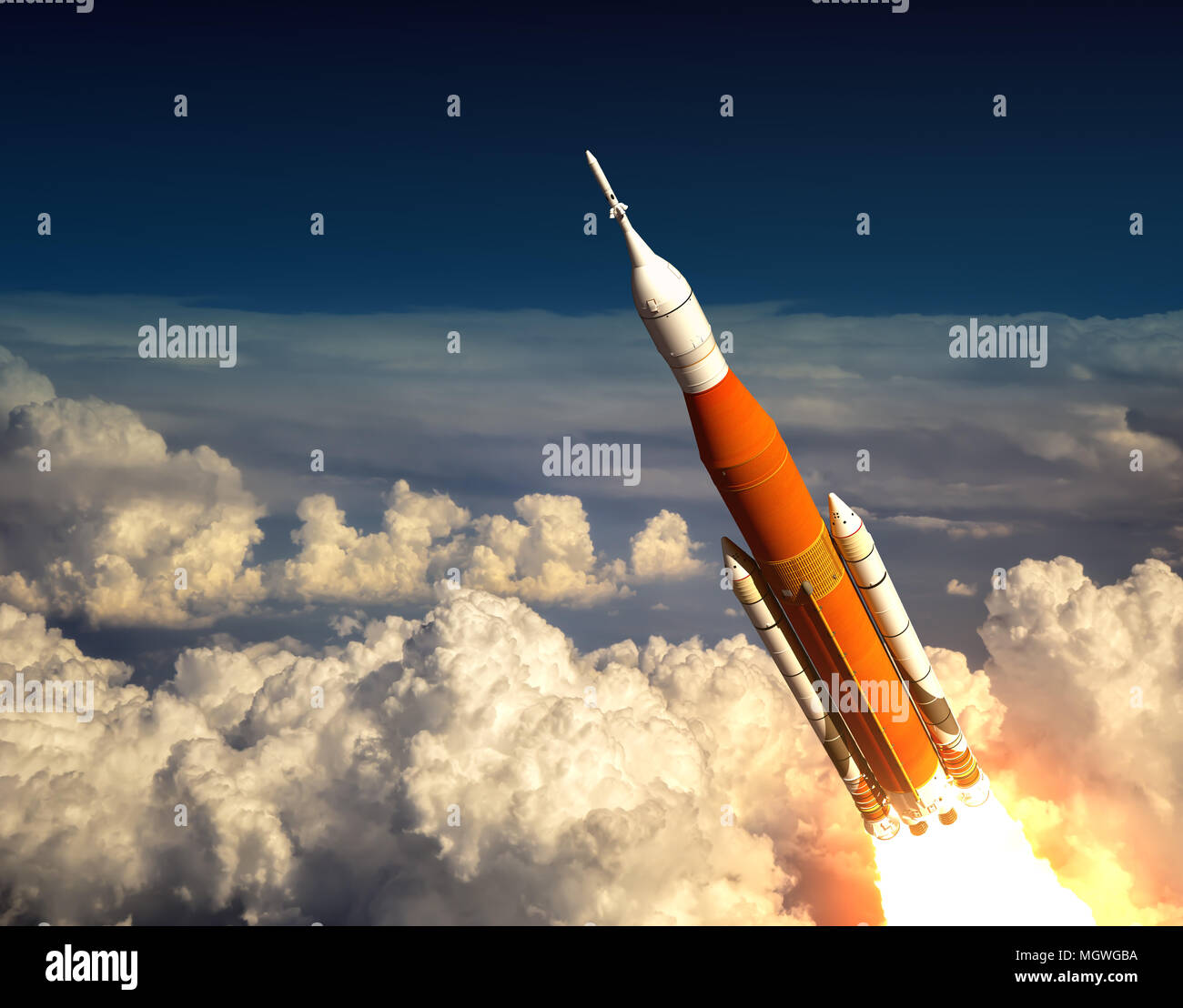 American Space Launch System In The Clouds. 3D Illustration Stock Photo ...