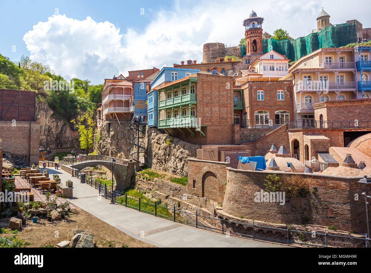 Old sulfur Baths in Abanotubani district with wooden carved balconies ...