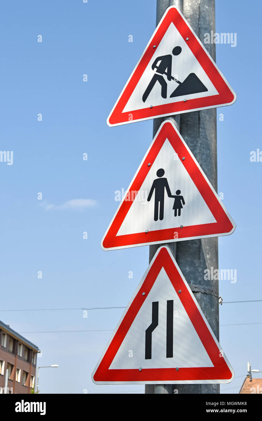 Road works and other signs on the street Stock Photo - Alamy