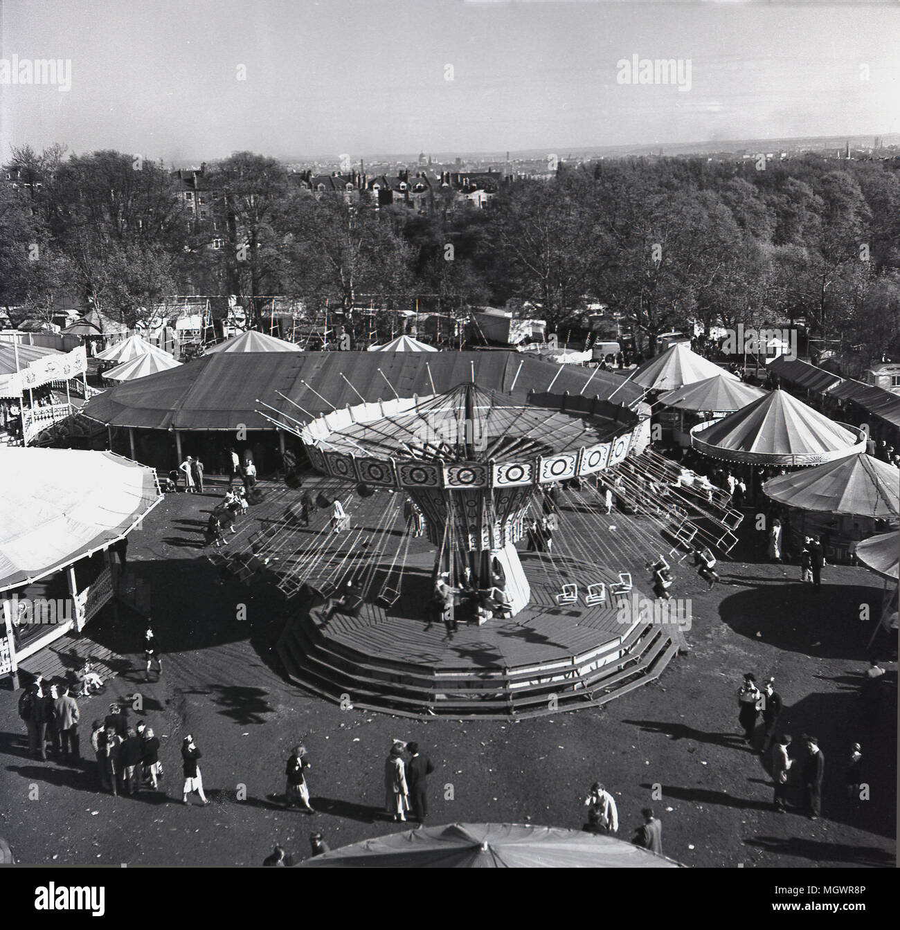 1950s, historical, a view over the fun fair at Battersea Park, London ...