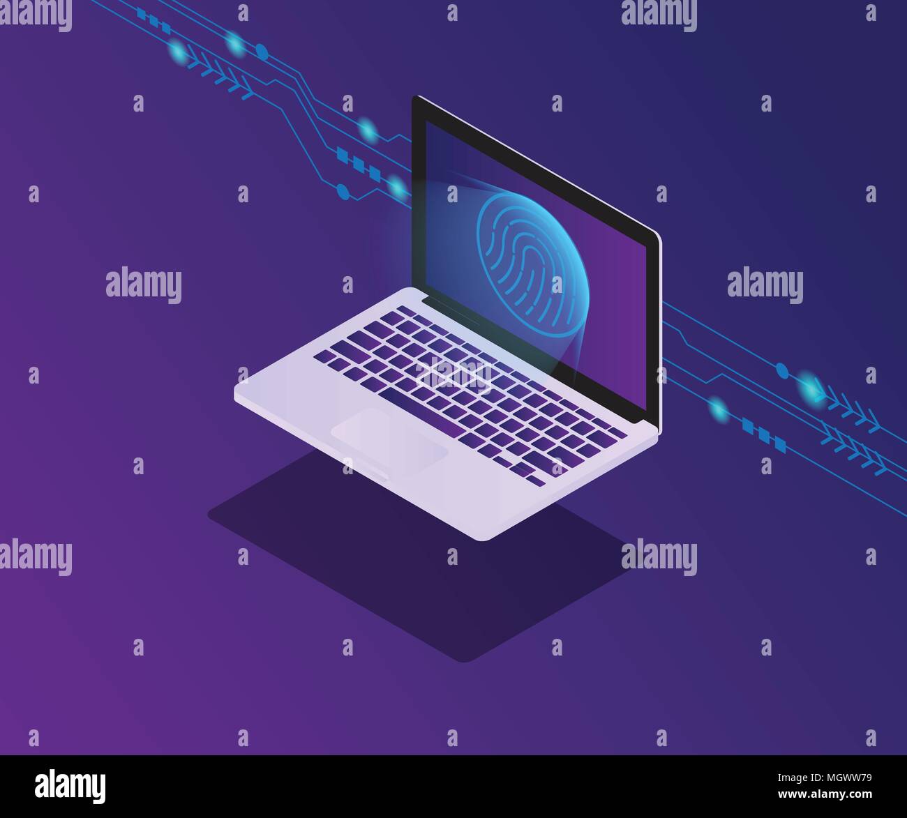cyber security laptop with fingerprint for locked on screen and circuit ...