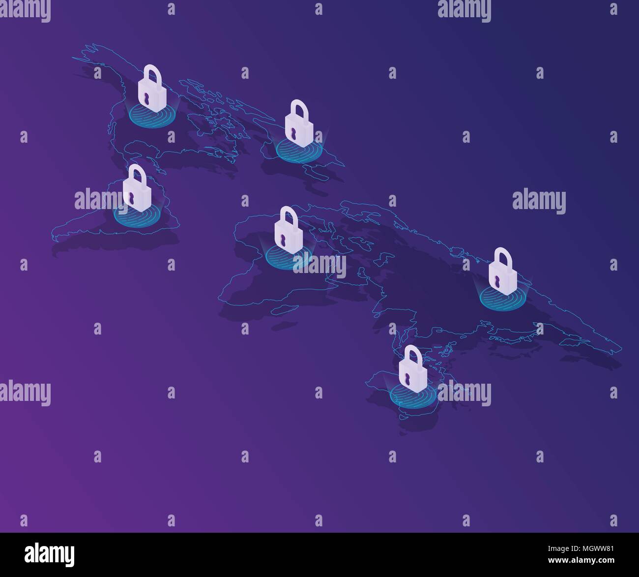 cyber security with fingerprint lock on world map isometric vector ...