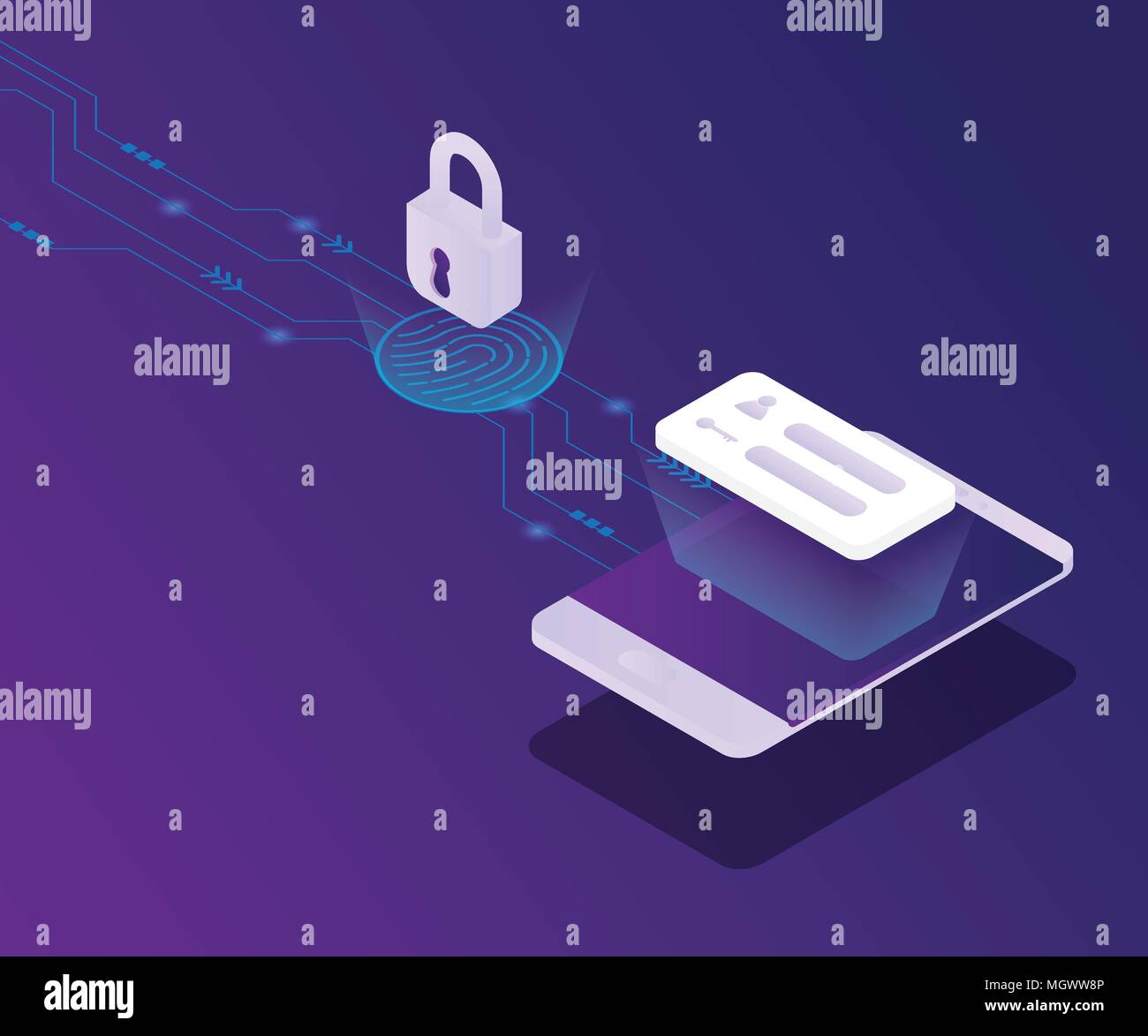 cyber security smartphone protect with fingerprint locked isometric vector background Stock ...