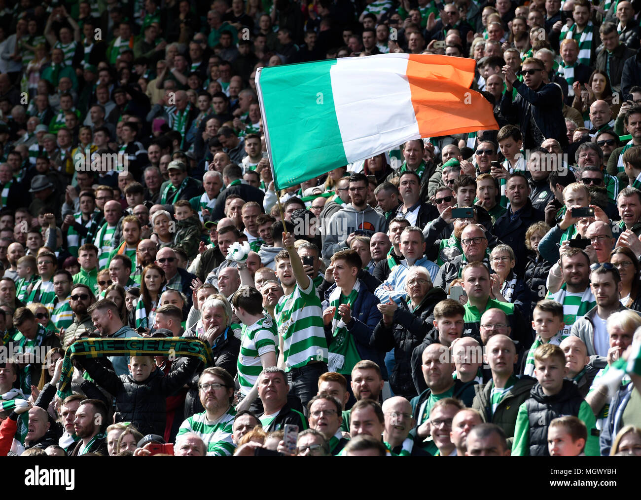 Celtic fan waving a Irish flag after seeing his team clinch the league ...