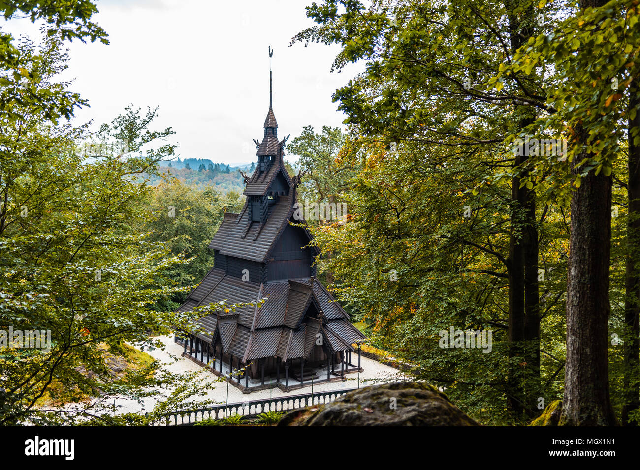 Norwegian wooden church near Bergen (Stabkirche Fantoft Stock Photo - Alamy