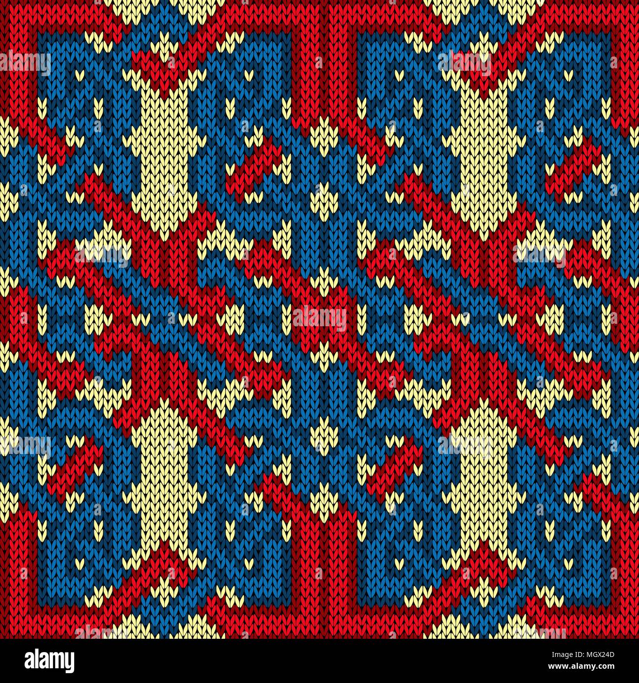 Ornament with red and blue on a beige background, seamless knitting ...
