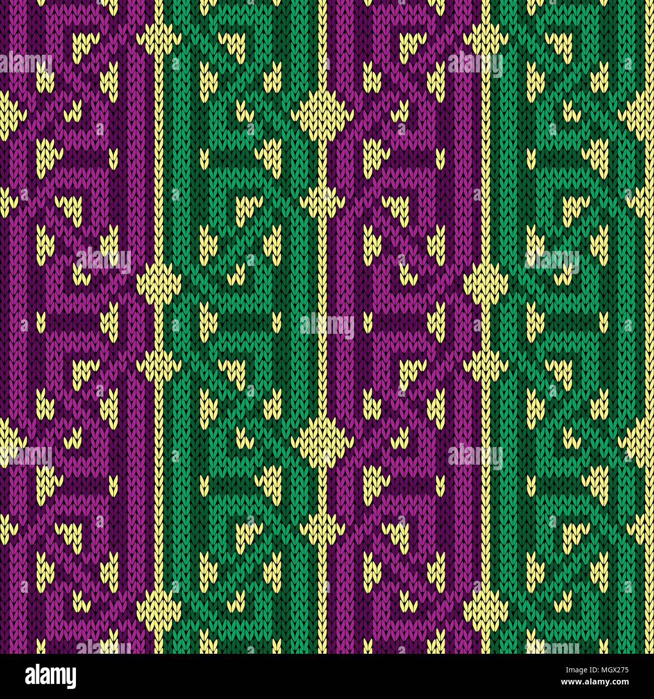 Ornamental vertical rows with interlaced magenta and green threads ...