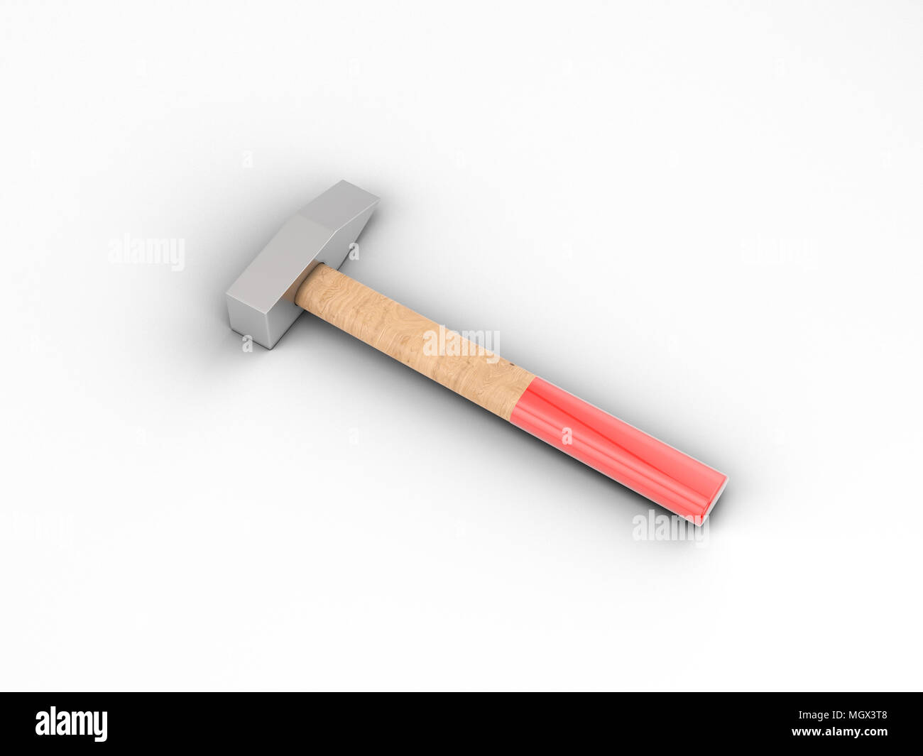 Steel hammer with wooden handle painted in red, isolated on a white ...