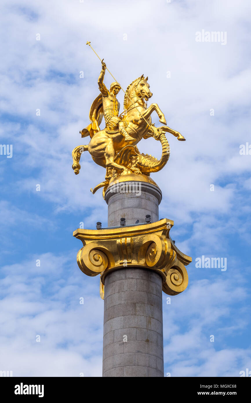 Golden sculpture of Saint George on the Freedom Square in Tbilisi Stock ...