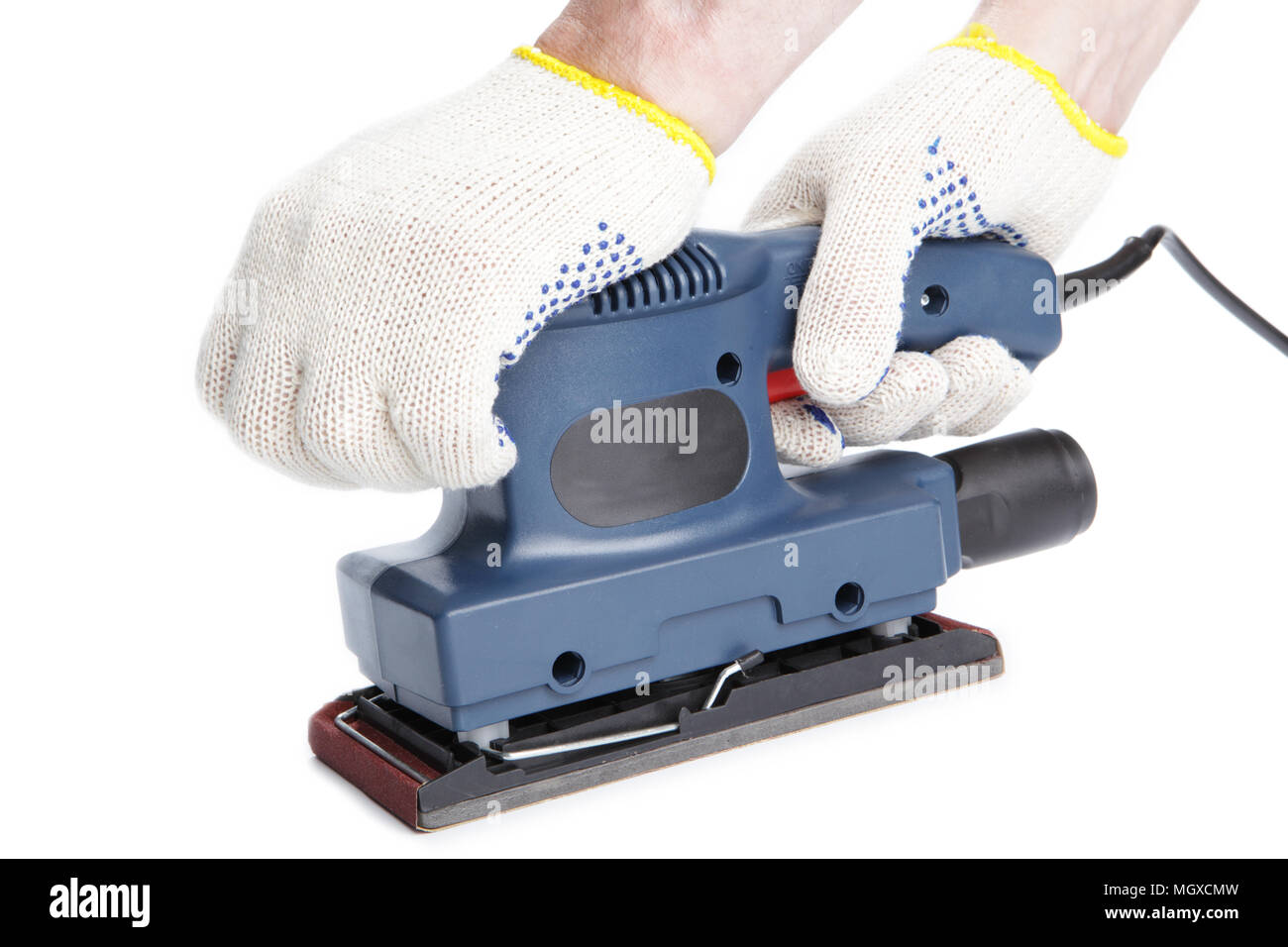 Working with finishing sander isolated on white background Stock Photo ...