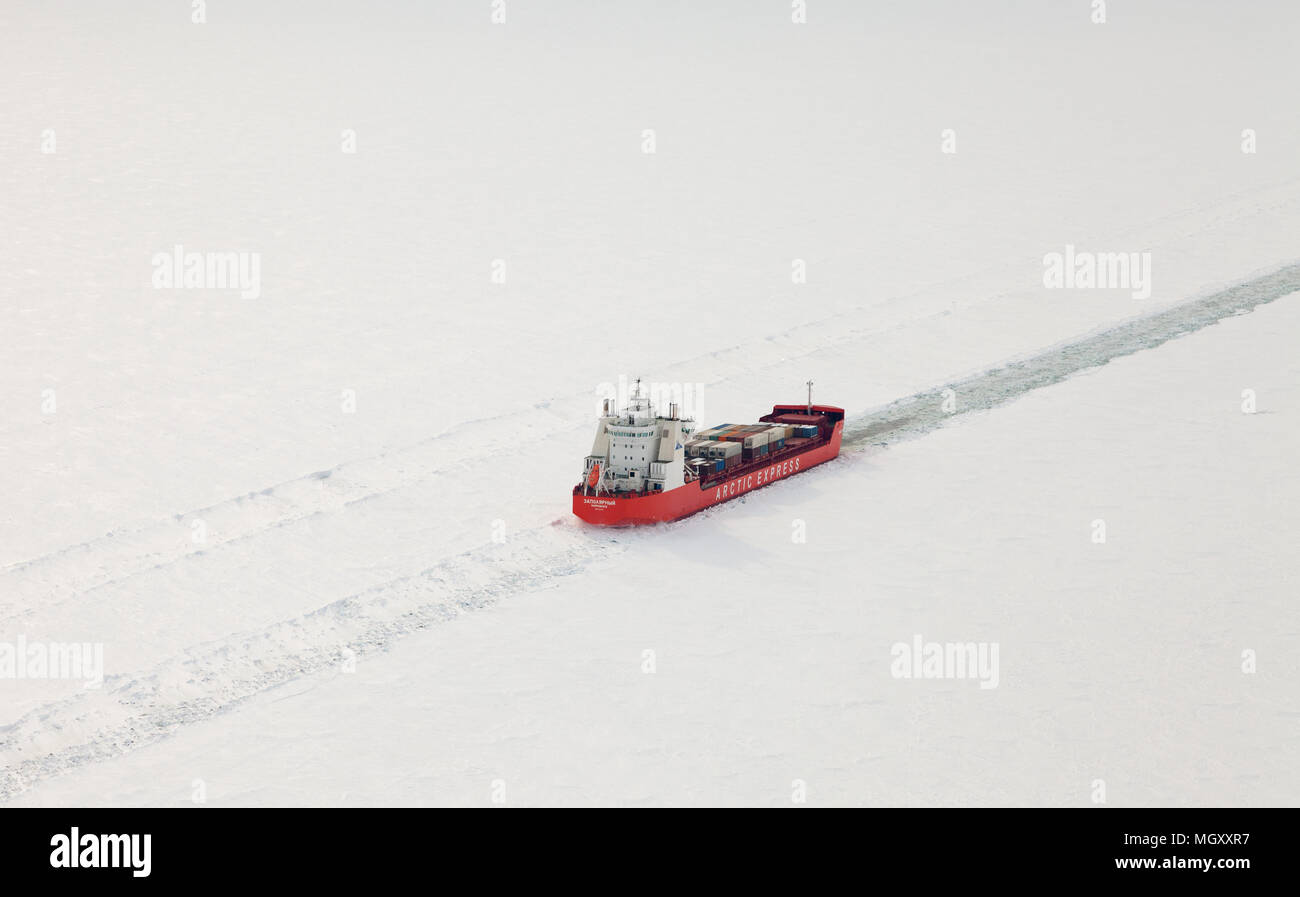 Icebreaker Zapolyarny Norilsk Nickel on Yenisei river, top view Stock ...