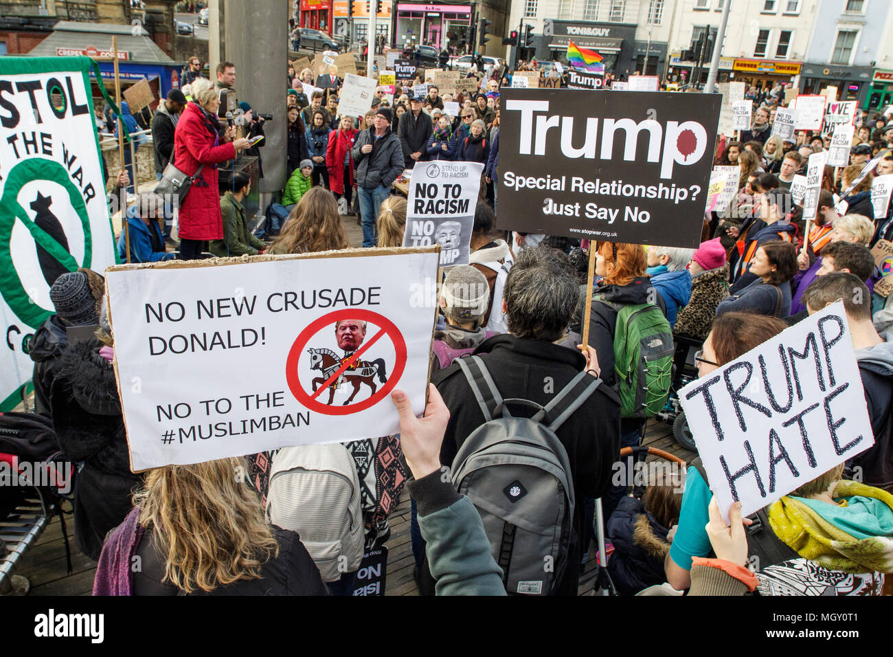 Bristol, UK, 04-02-17 Protesters carrying anti trump placards are ...