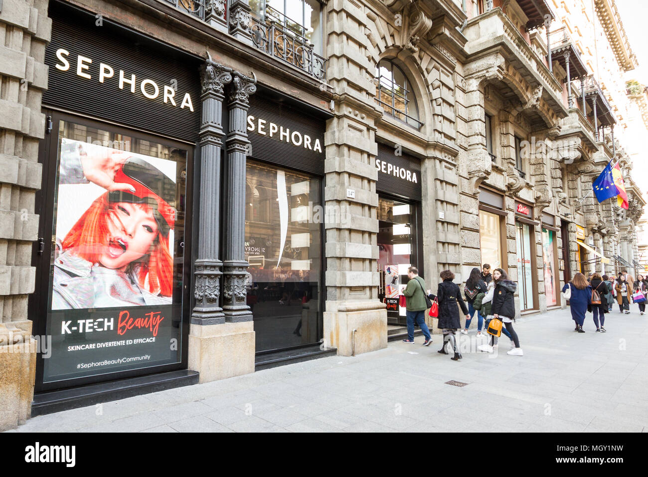 Milan, March 2018: Shop window of Sephora in Shopping Street of fashion ...