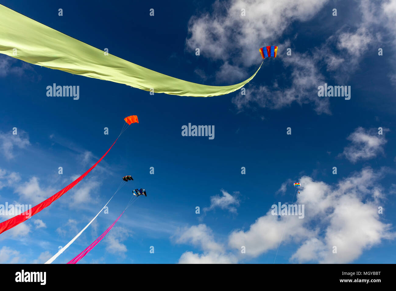 5 Kites flying high in a blue summer's day sky Stock Photo - Alamy