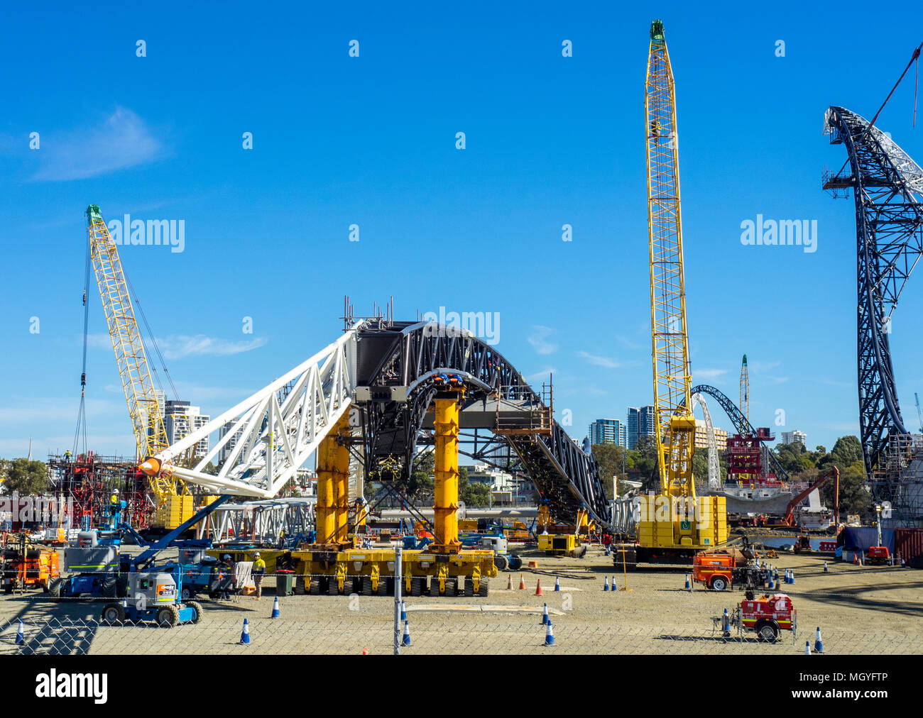 Construction of the Matagarup Bridge, a pedestrian bridge across the ...
