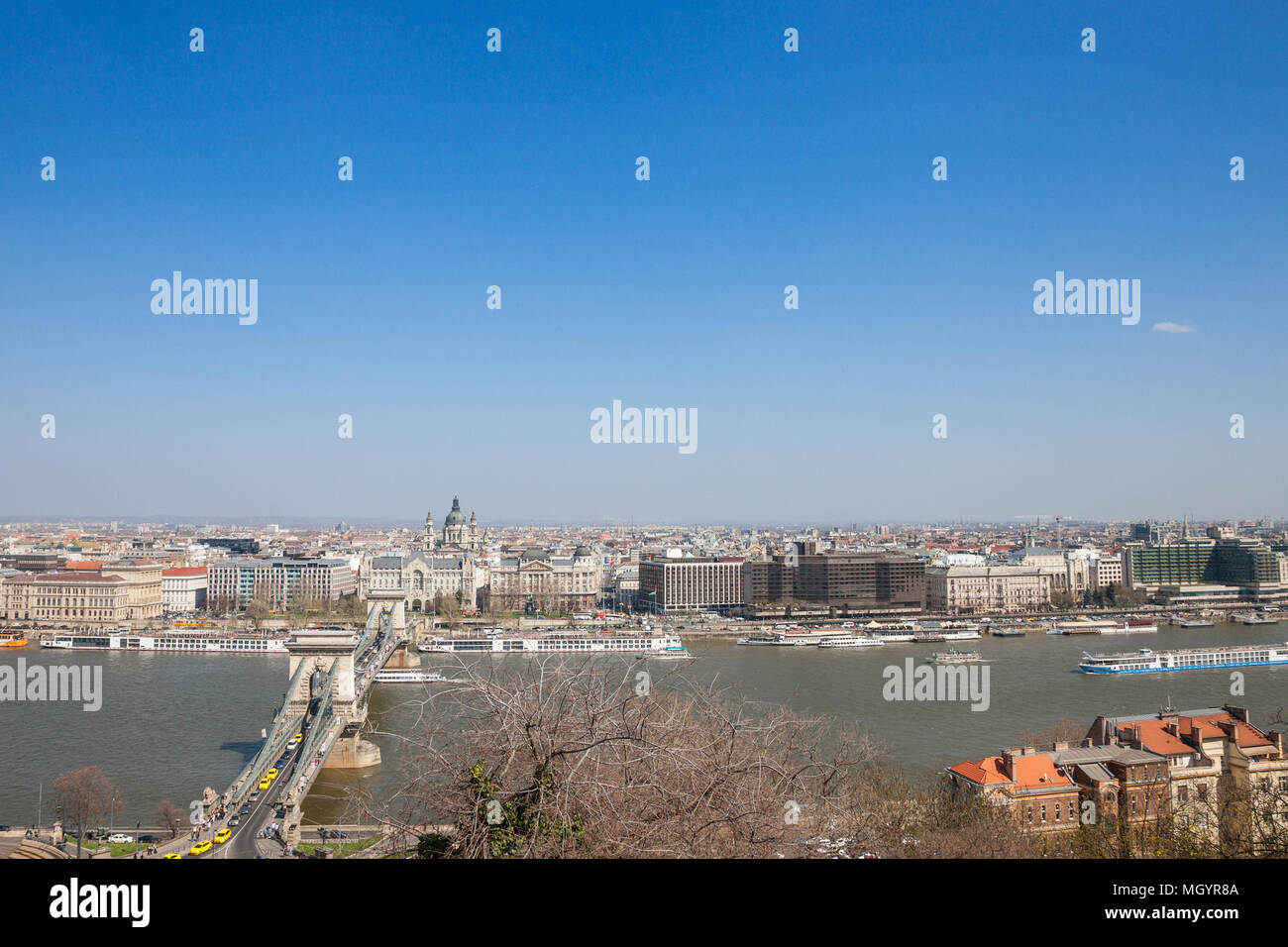 Aerial view of Budapest from Buda hill, with the Danube river ...