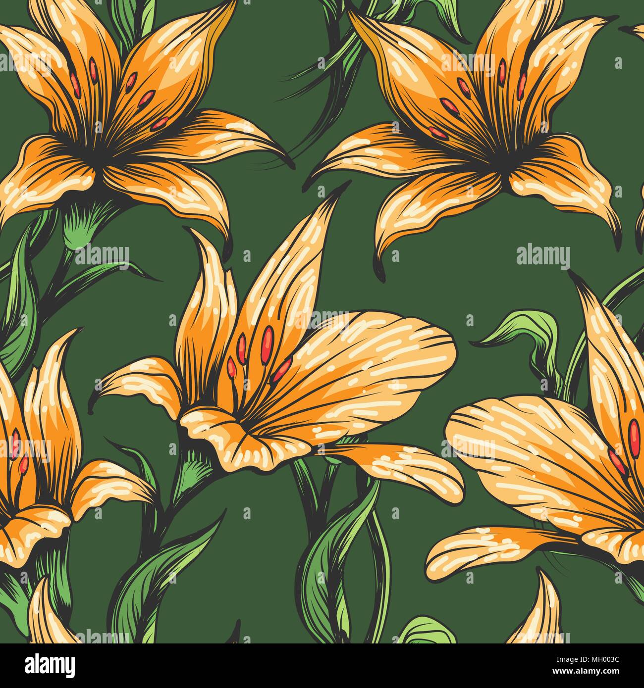 Orchids Seamless pattern drawn in retro style. Vector Illustration ...