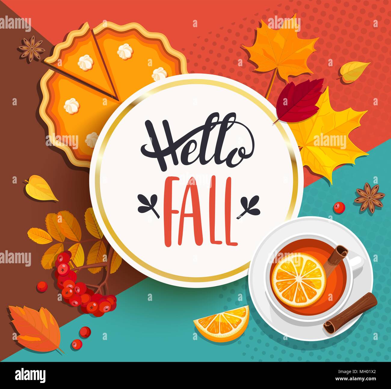 Hello Fall lettering in gold frame on geometric background with pupmkin ...