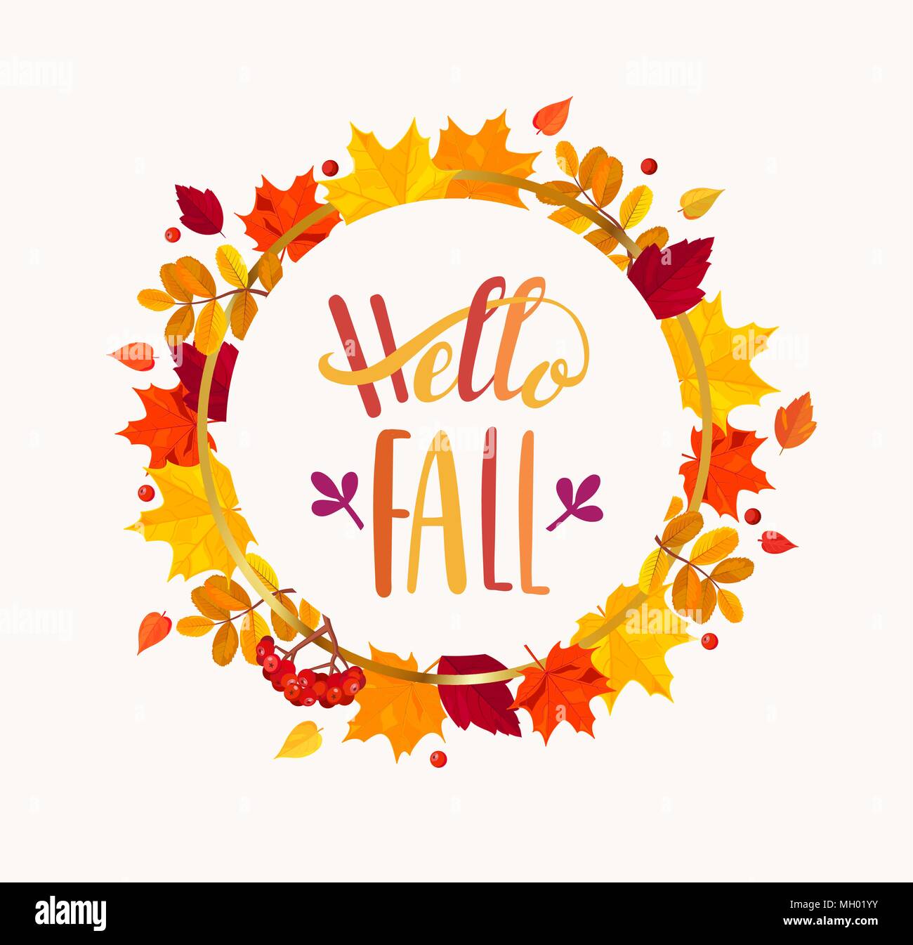 Hello Fall lettering in frame from autumn leaves. Vector illustration ...
