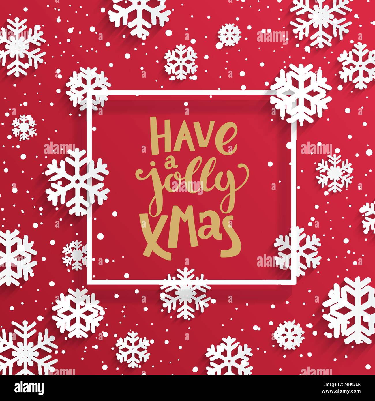 Happy jolly xmas card with lettering and snowflakes on red background ...