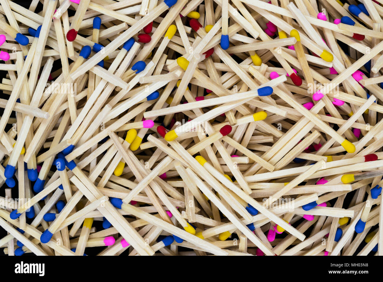 Close up, macro and sharp background surface of colorful matches mix ...