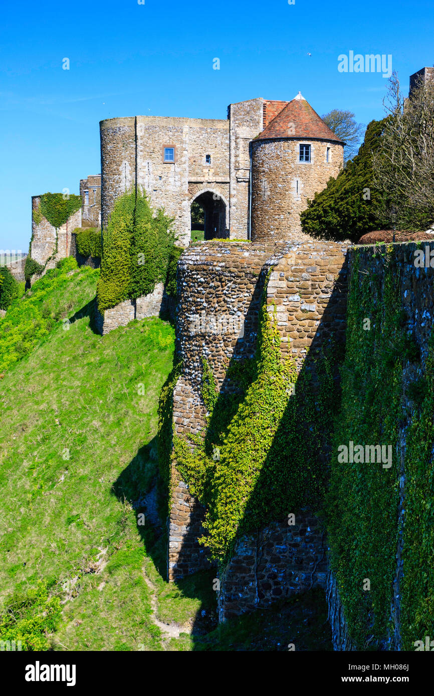 Dover castle, England. Medieval outer ivy covered walls and 13th ...