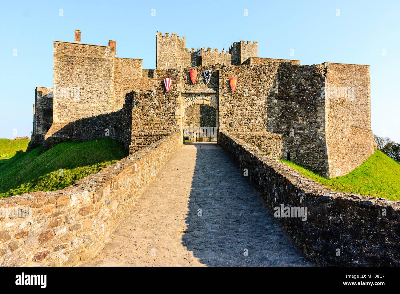 England, Dover castle. The outer barbican gateway in front of the inner ...