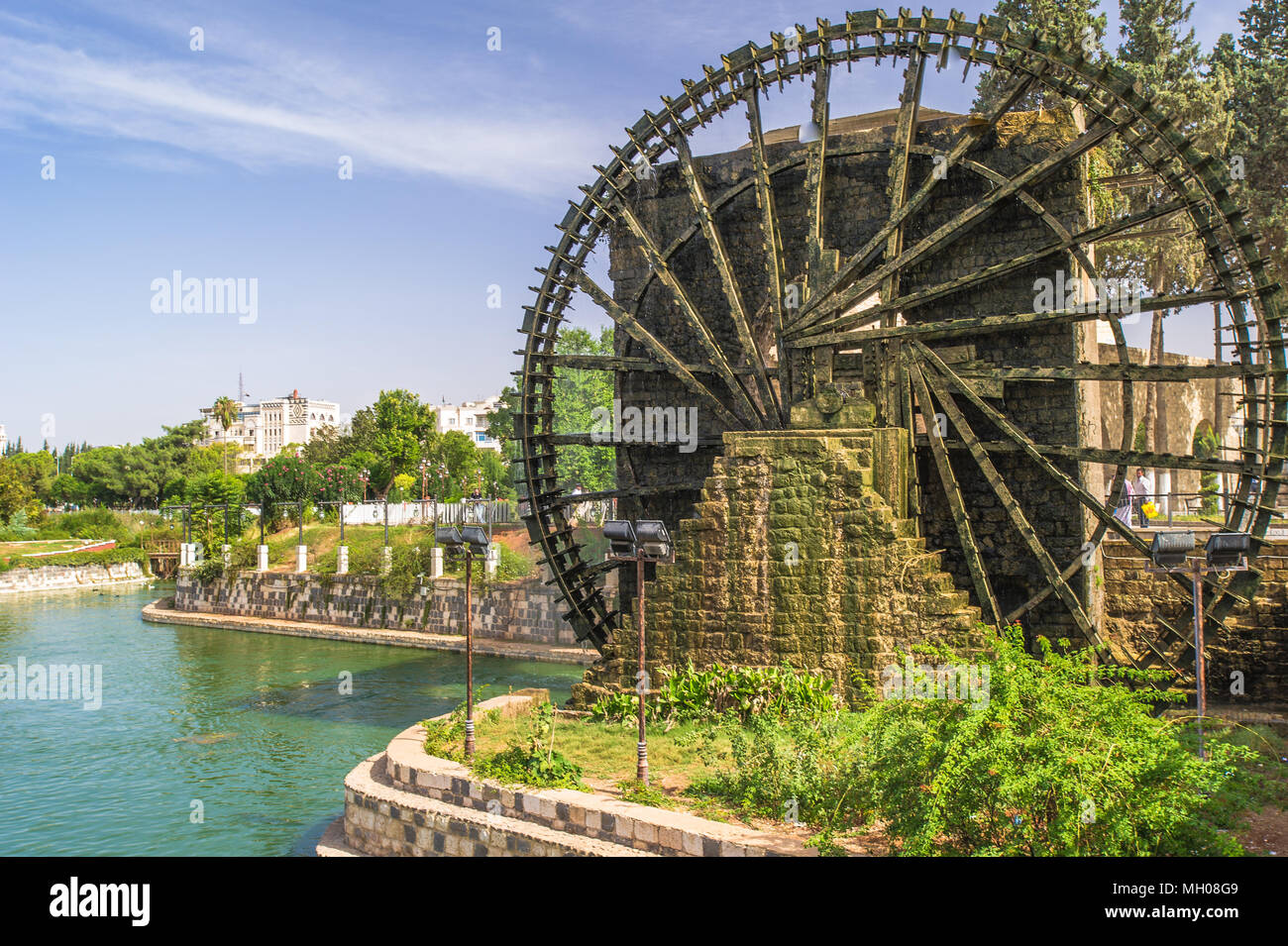 Noria of Hama, water wheel along the Orontes River in the city of Hama ...