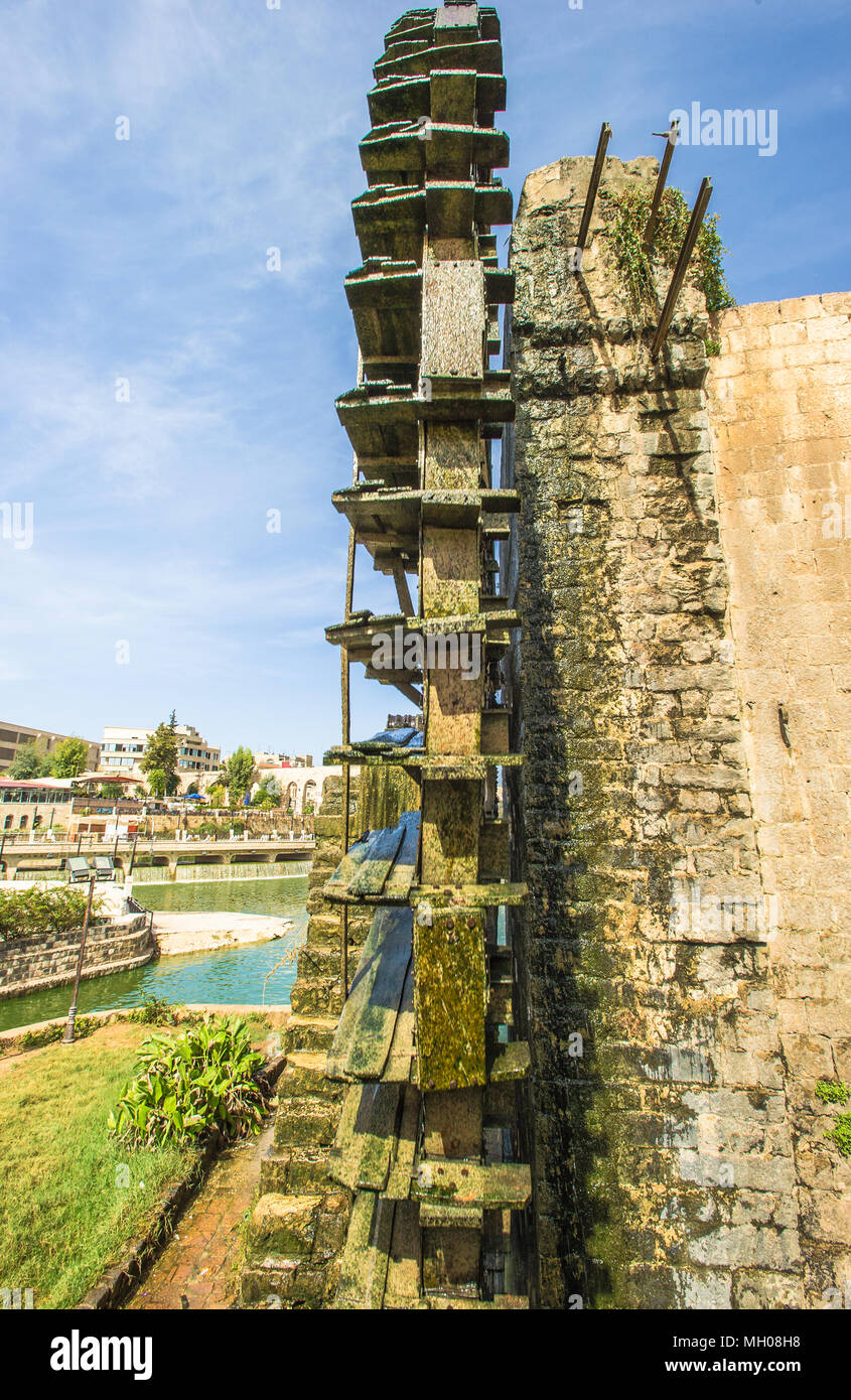 Noria of Hama, water wheel along the Orontes River in the city of Hama ...