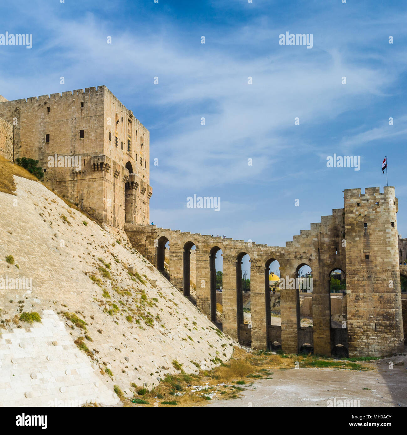 Citadel of Aleppo, a large medieval fortified palace of the old city of ...