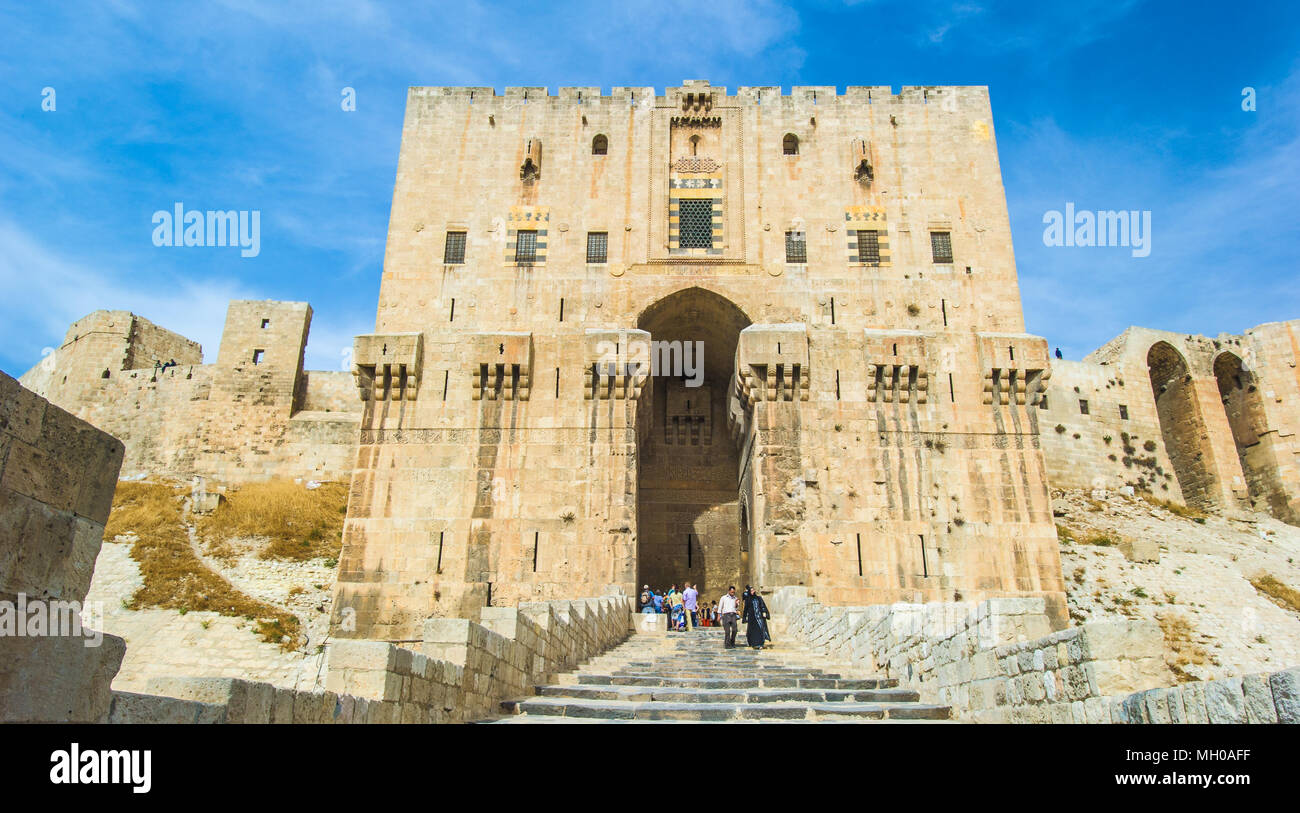 Entrance into the Citadel of Aleppo, large medieval fortified palace in ...