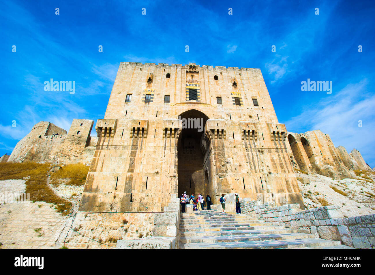 Gate of the Citadel of Aleppo, a large medieval fortified palace, the ...