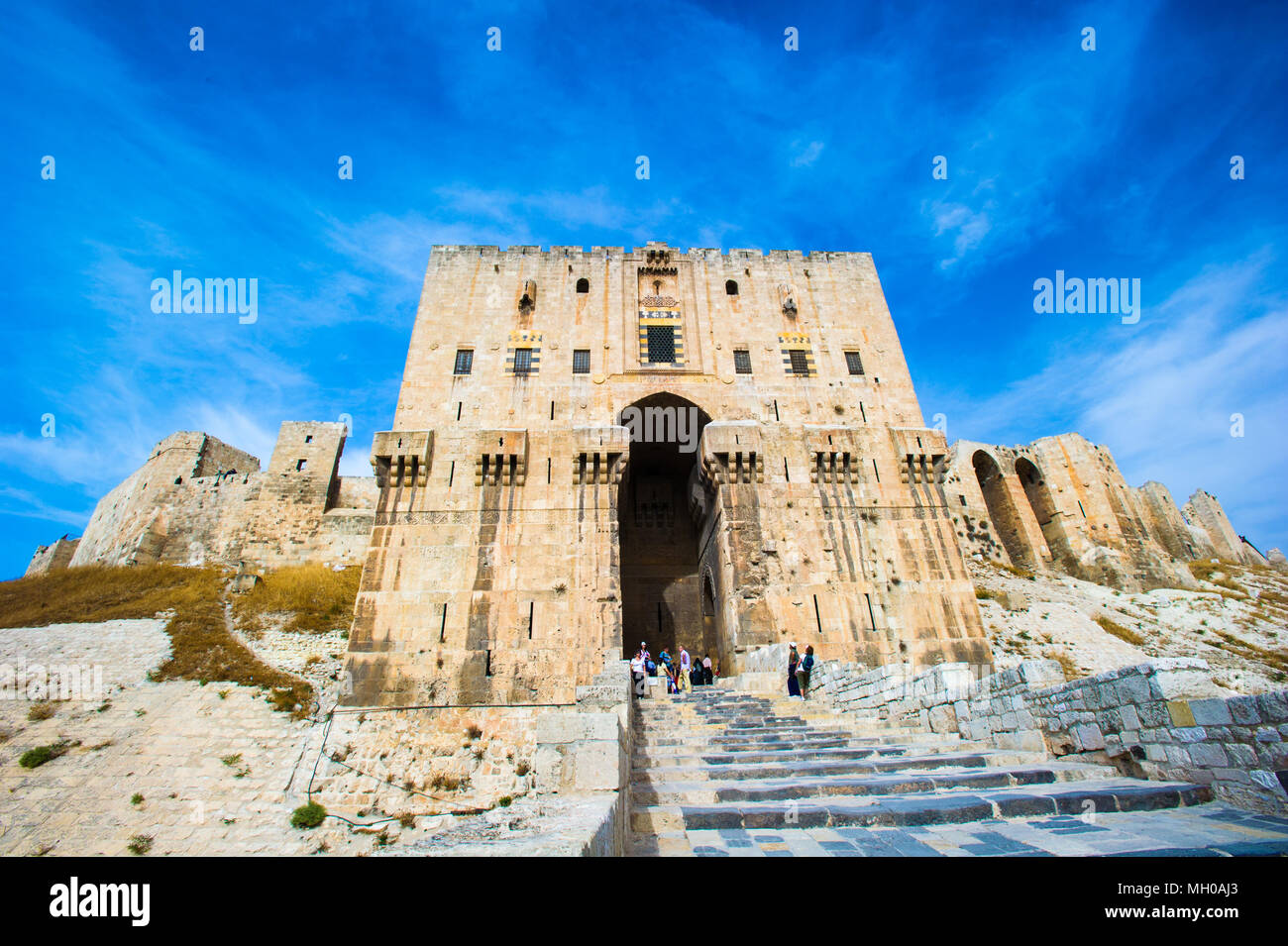 Gate of the Citadel of Aleppo, a large medieval fortified palace, the ...