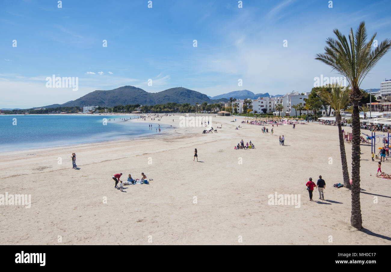 View of the sandy beach at the Bay of Alcudia, Port Alcudia, Majorca ...